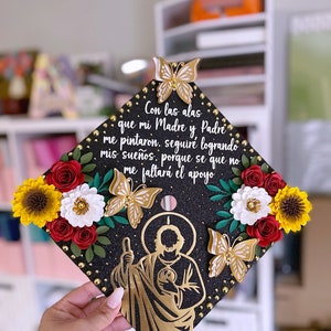 San Judas Graduation Cap Topper, San Judas Tadeo, Red White Flowers ...