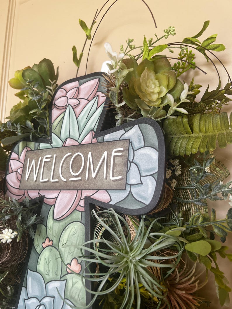 Succulent Welcome Cross Wreath – Rustic Greenery Door Swag With Faux ...