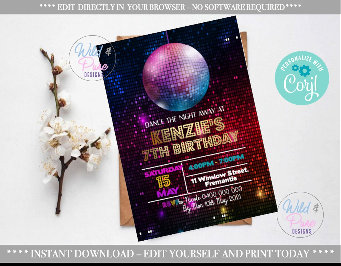 Disco Theme Birthday Girl Invitation Personalized Printable Instant ...