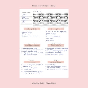 Dance Exercise Tracker Printables, Exercise Tracker, Ballet Class Notes ...