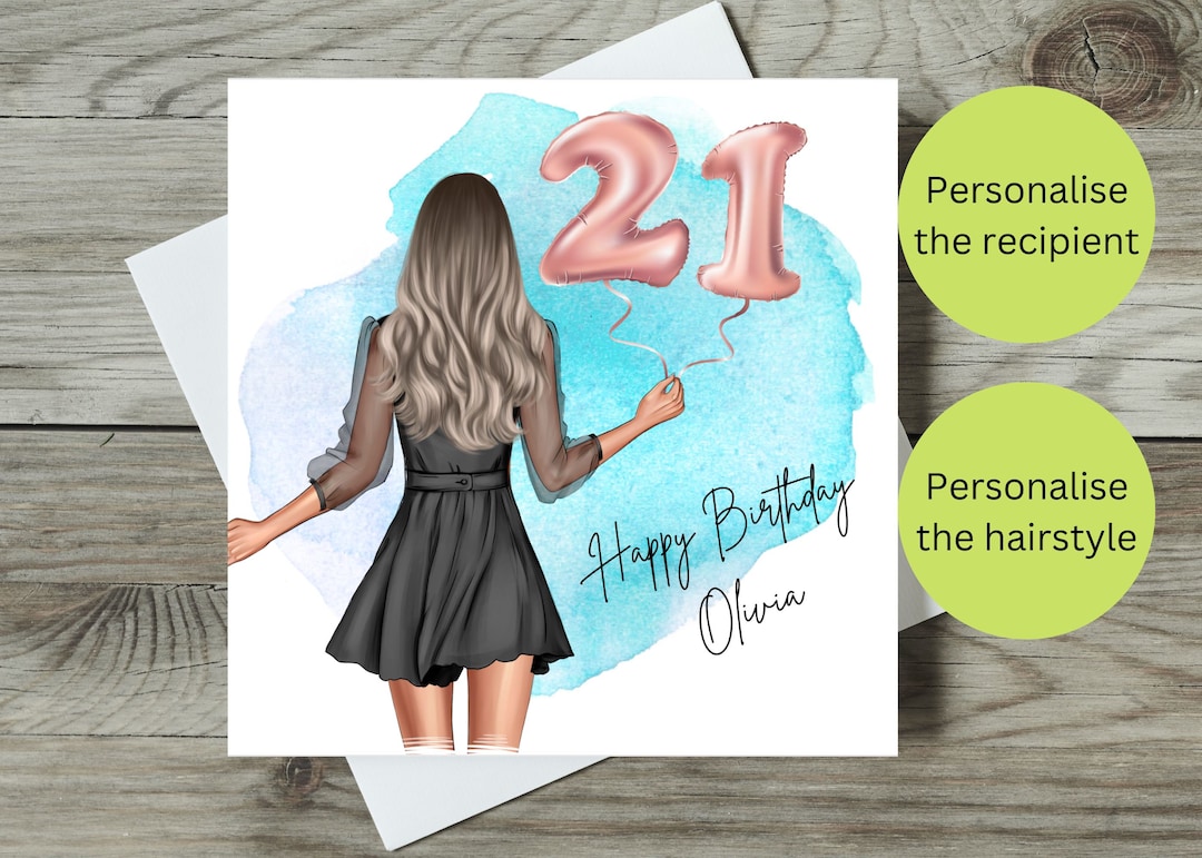 Personalised 21st Birthday Card / Girl Holding 21st Birthday Balloons ...