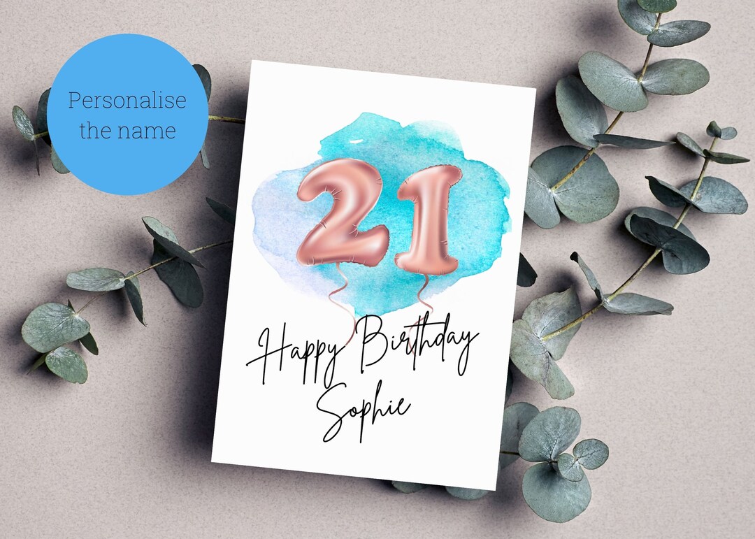 21st Birthday Card / Number 21 Birthday Balloons / Personalised ...