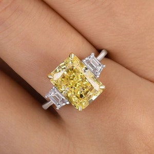 5ct Canary Yellow Radiant Cut Lab Diamond Three Stone Engagement Ring ...