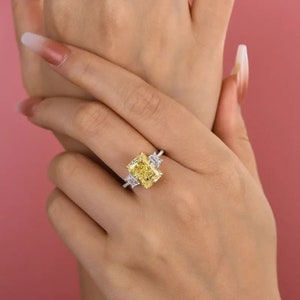 5ct Canary Yellow Radiant Cut Lab Diamond Three Stone Engagement Ring ...