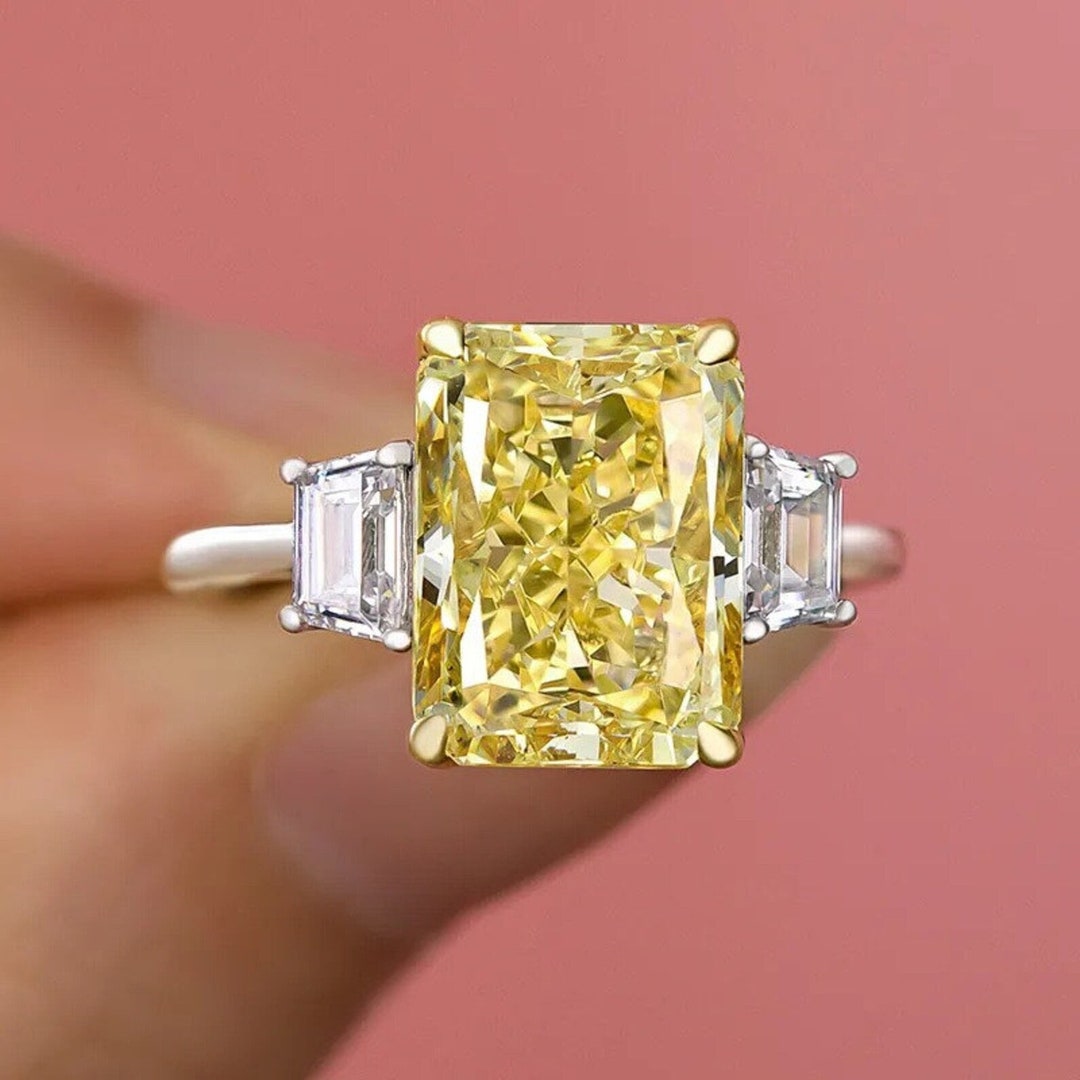 5ct Canary Yellow Radiant Cut Lab Diamond Three Stone Engagement Ring ...