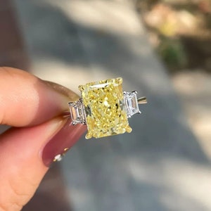 5ct Canary Yellow Radiant Cut Lab Diamond Three Stone Engagement Ring ...