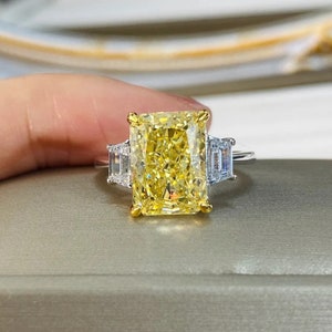 5ct Canary Yellow Radiant Cut Lab Diamond Three Stone Engagement Ring ...