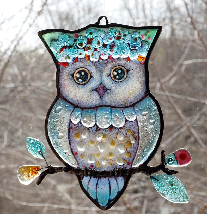 Owl Stained Glass Window Hangings Bird Stained Glass | Etsy