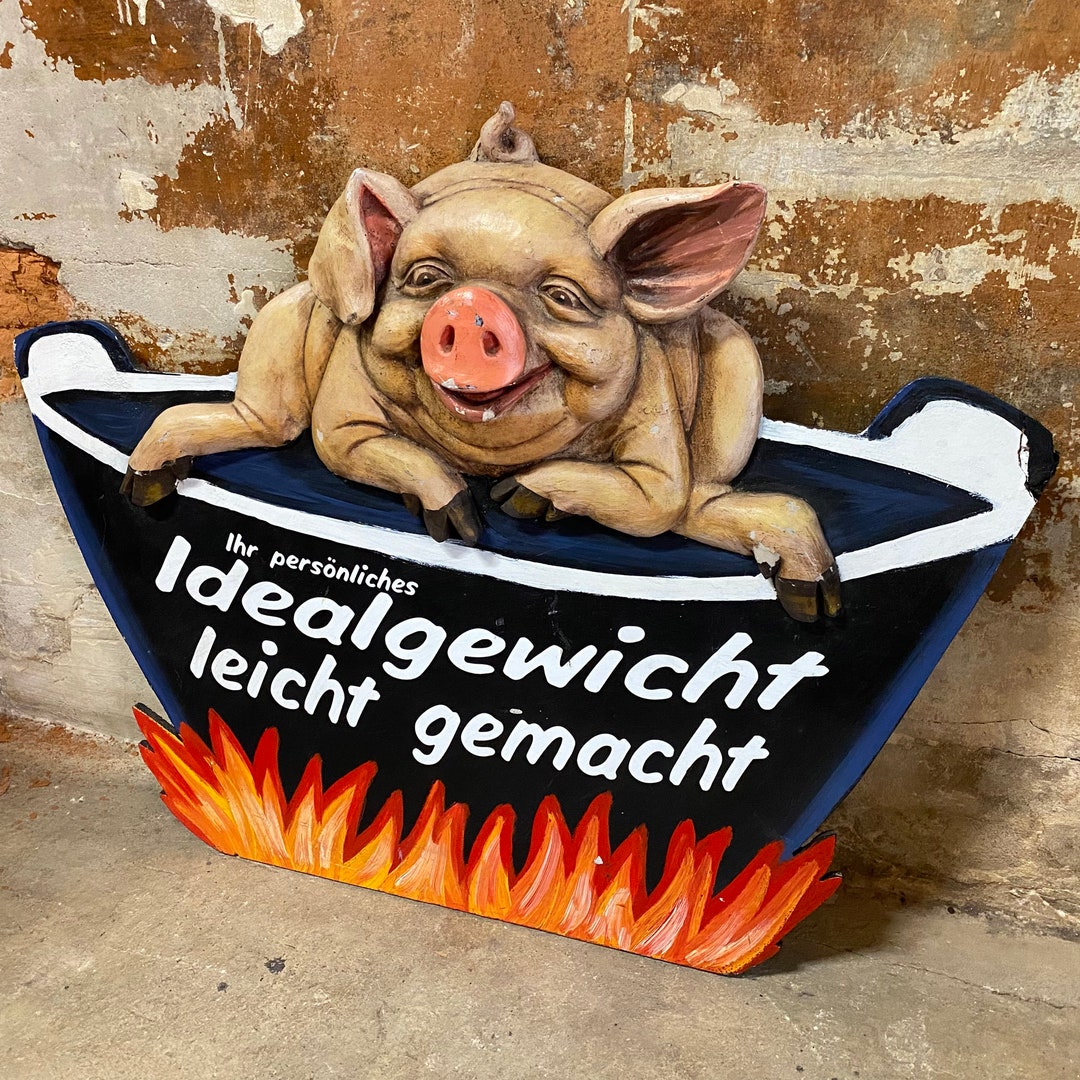 German Charcuterie Butcher Shop Advertising Sign on Pork Meat, Wooden ...