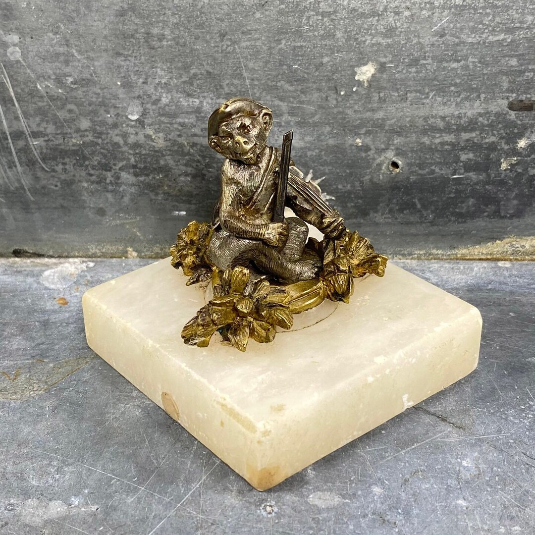 Bronze of a Disguised Violinist Monkey on Marble Base, Animal Statuette ...