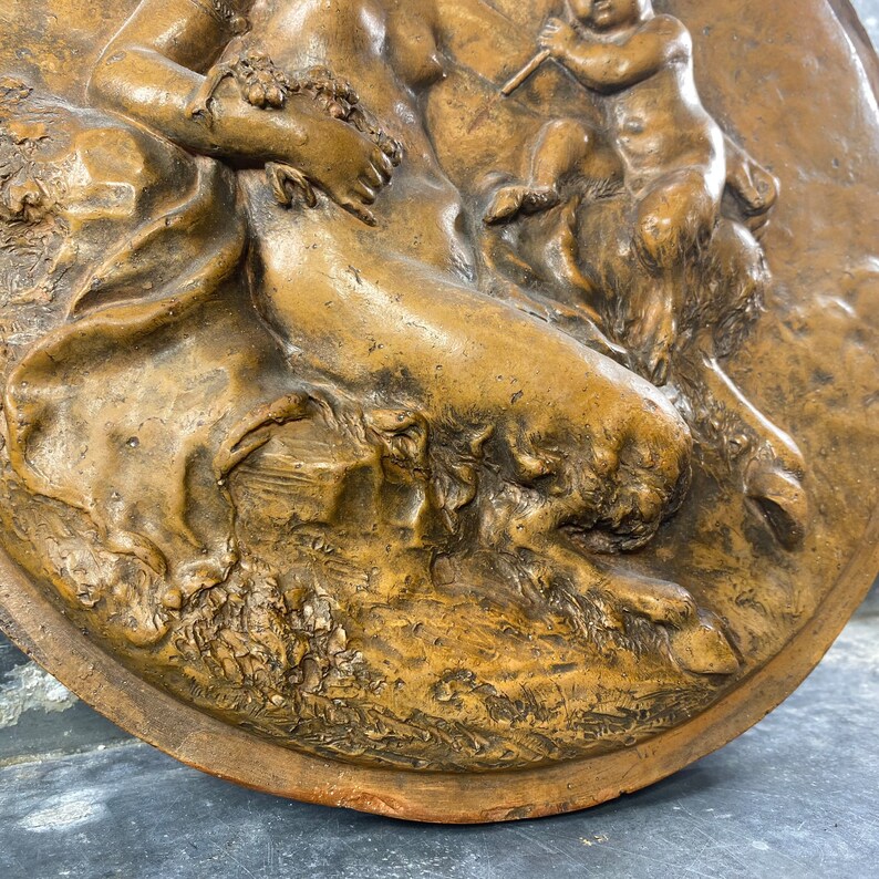 Bas-relief Medallion or Tondo of Satyress and Child Satyr in Terracotta ...
