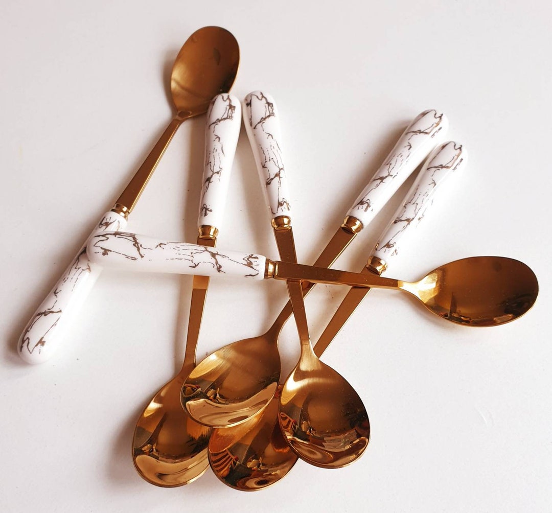 Ceramic Handle Gold Metal White Marble Teaspoons Set of 6 Chic Modern ...
