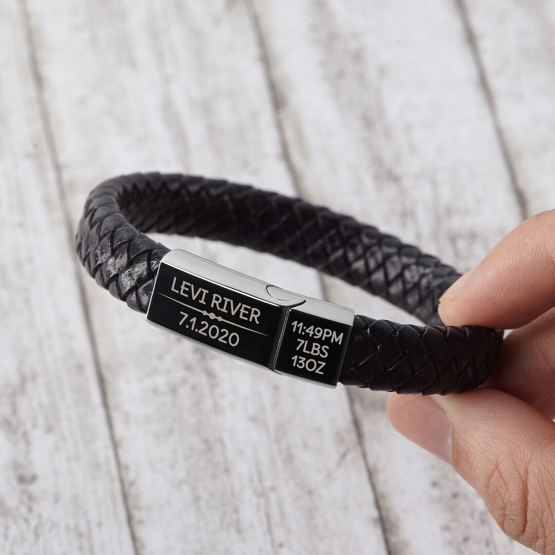 Engraved Leather Dad Bracelet, Personalized Kid Name Stats Bracelet ...