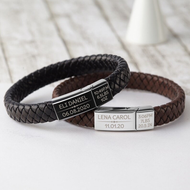 Engraved Leather Dad Bracelet, Personalized Kid Name Stats Bracelet ...