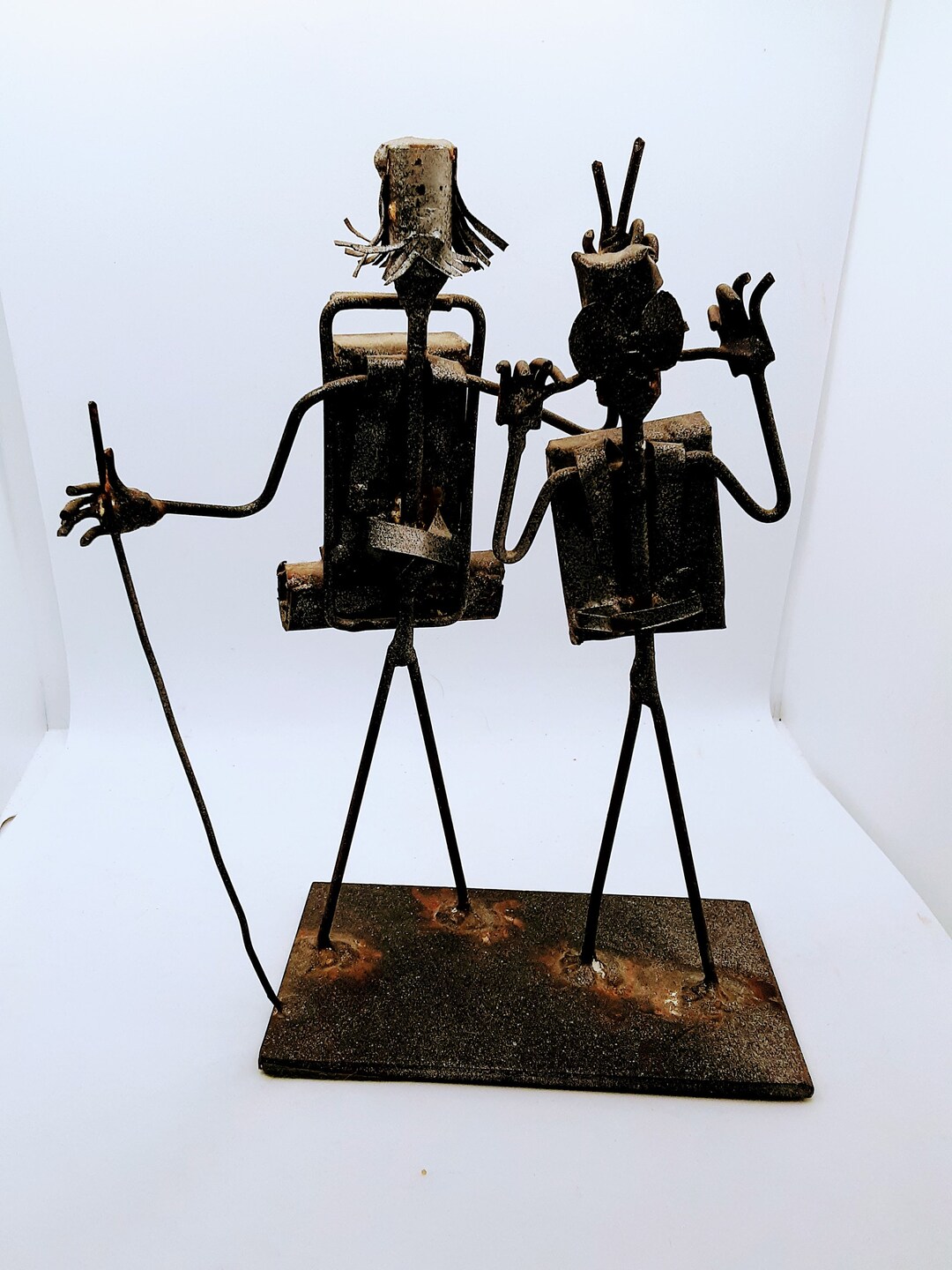 Wonderful Small Welded Sculpture of Two Cheeky Backpackers Posing for a ...