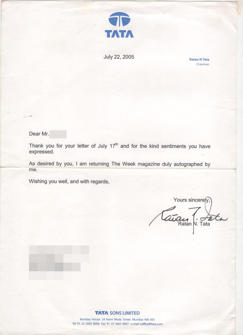 Rare Hand-signed Autograph Letter by Legendary Ratan Tata - Etsy