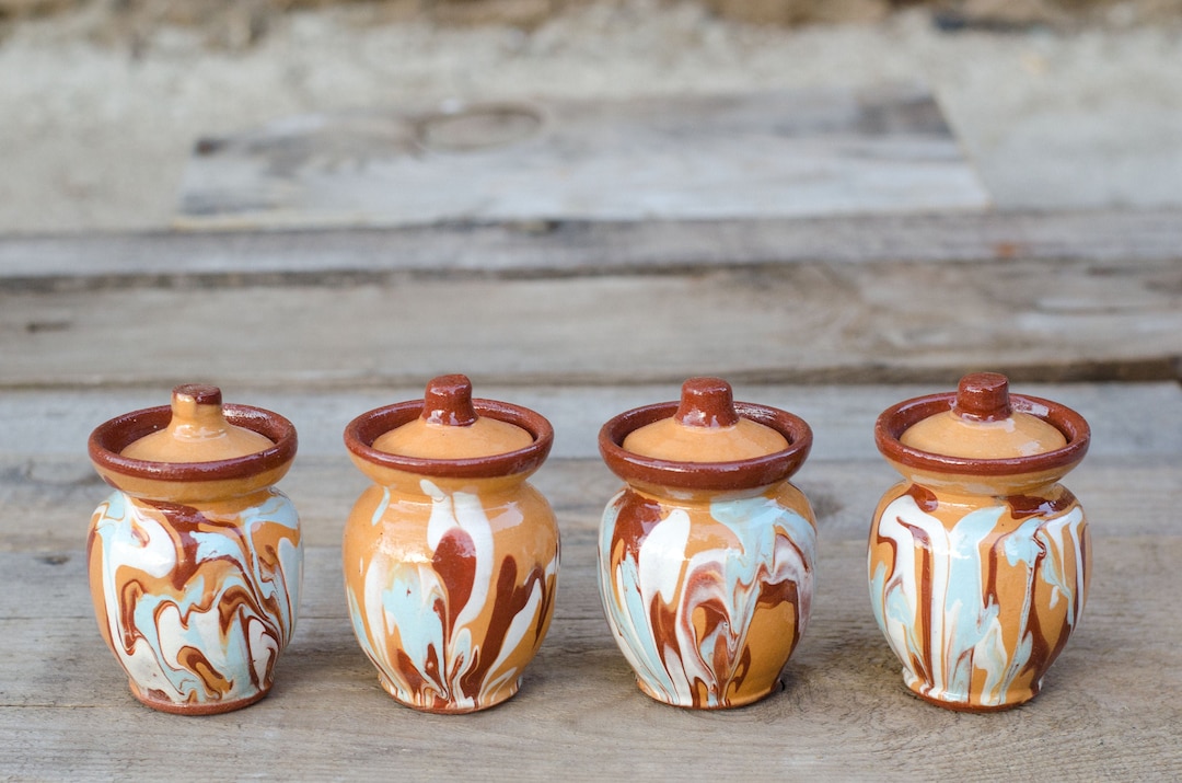 Set of 4 Variegated Clay Jars With Lid, Ceramic Abstract Hand Painted ...