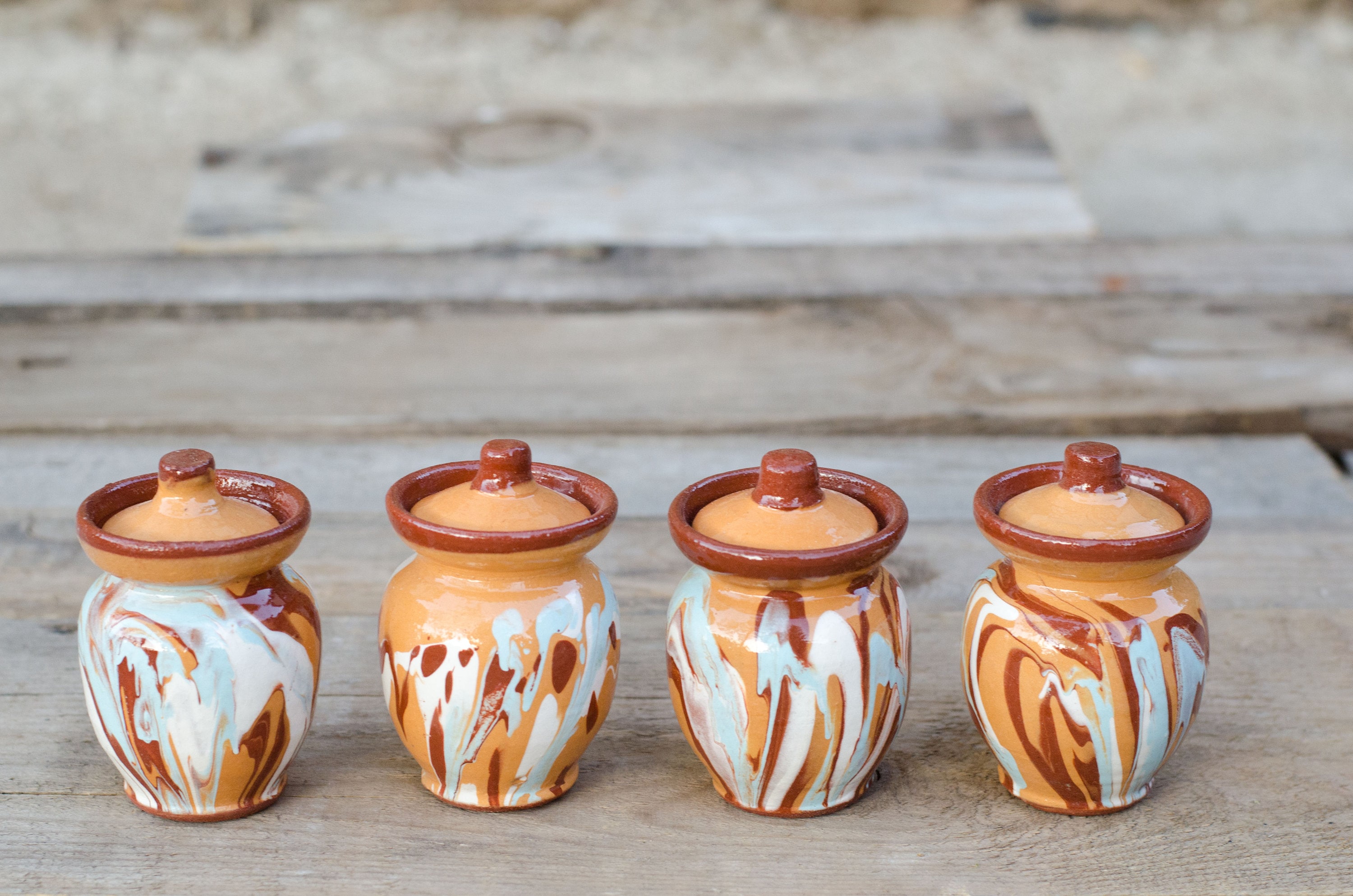 Set of 4 Variegated Clay Jars With Lid, Ceramic Abstract Hand Painted ...