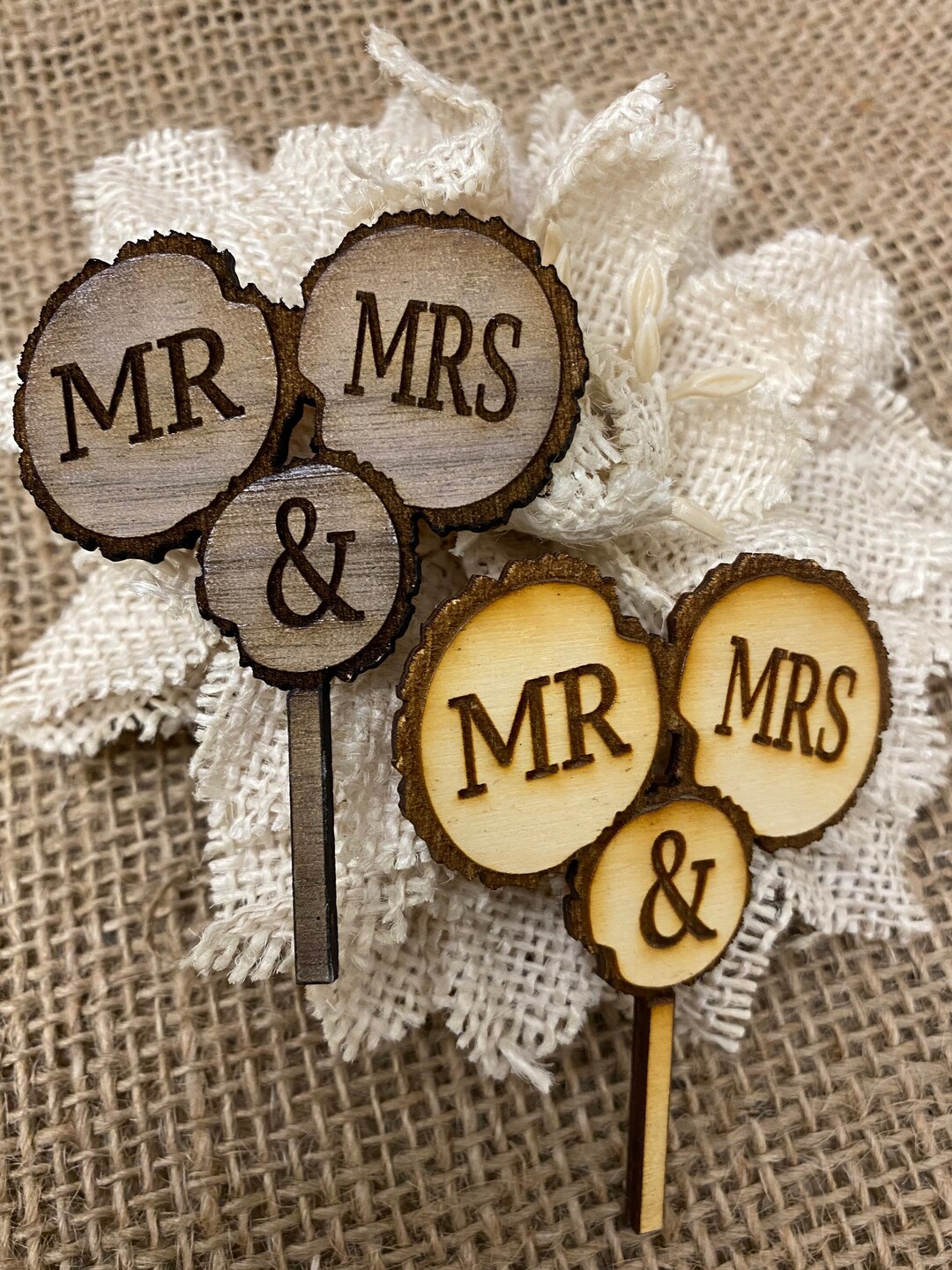 Slice of Wood With Bark Mr & Mrs Cupcake Toppers Wedding - Etsy