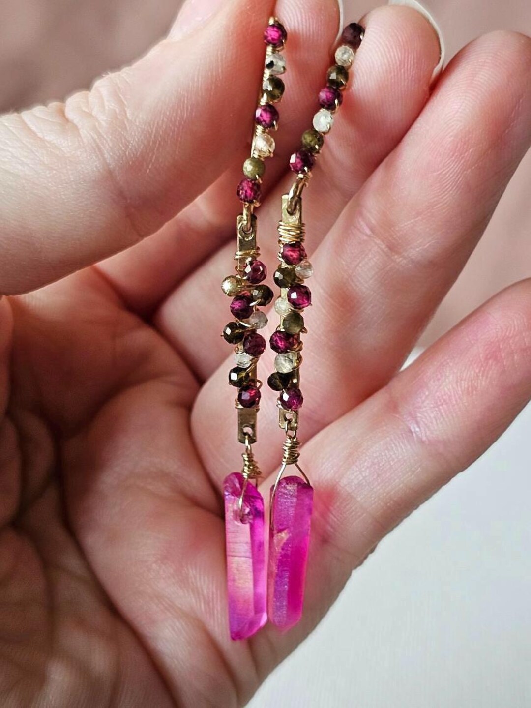 Pink Aura Quartz Crystal Threader Earrings With Tiny Wire Wrapped ...