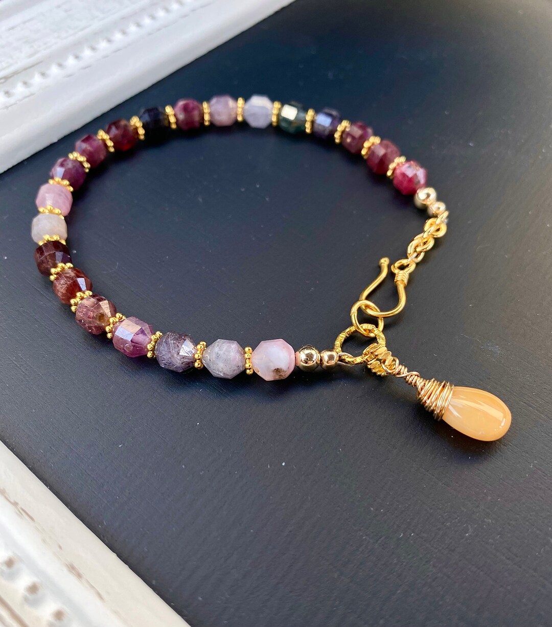 Rainbow Spinel Gemstone Bracelet, Australian Opal Bracelet Gold Beaded ...