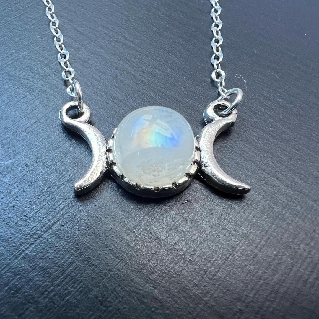 Triple Moon Goddess Necklace,rainbow Moonstone Moonphase Pendant ...