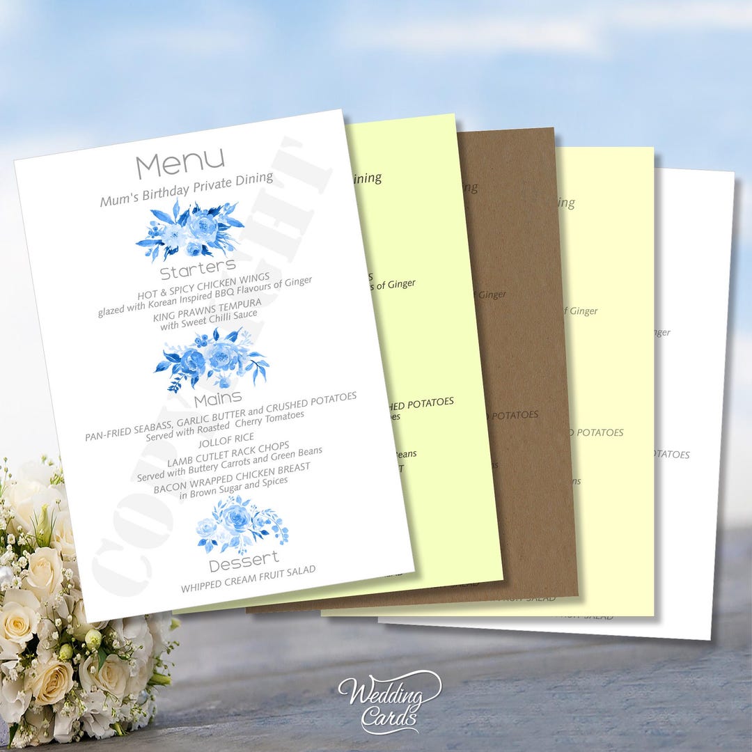 10 X Personalised Menu Cards Place Table Decoration Flowers Wedding ...
