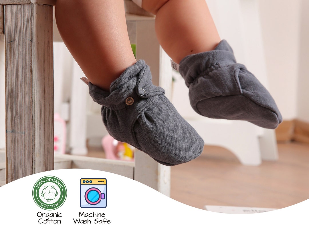 Dark Gray Muslin Baby Booties, Soft Sole Booties, Organic Baby Boots ...