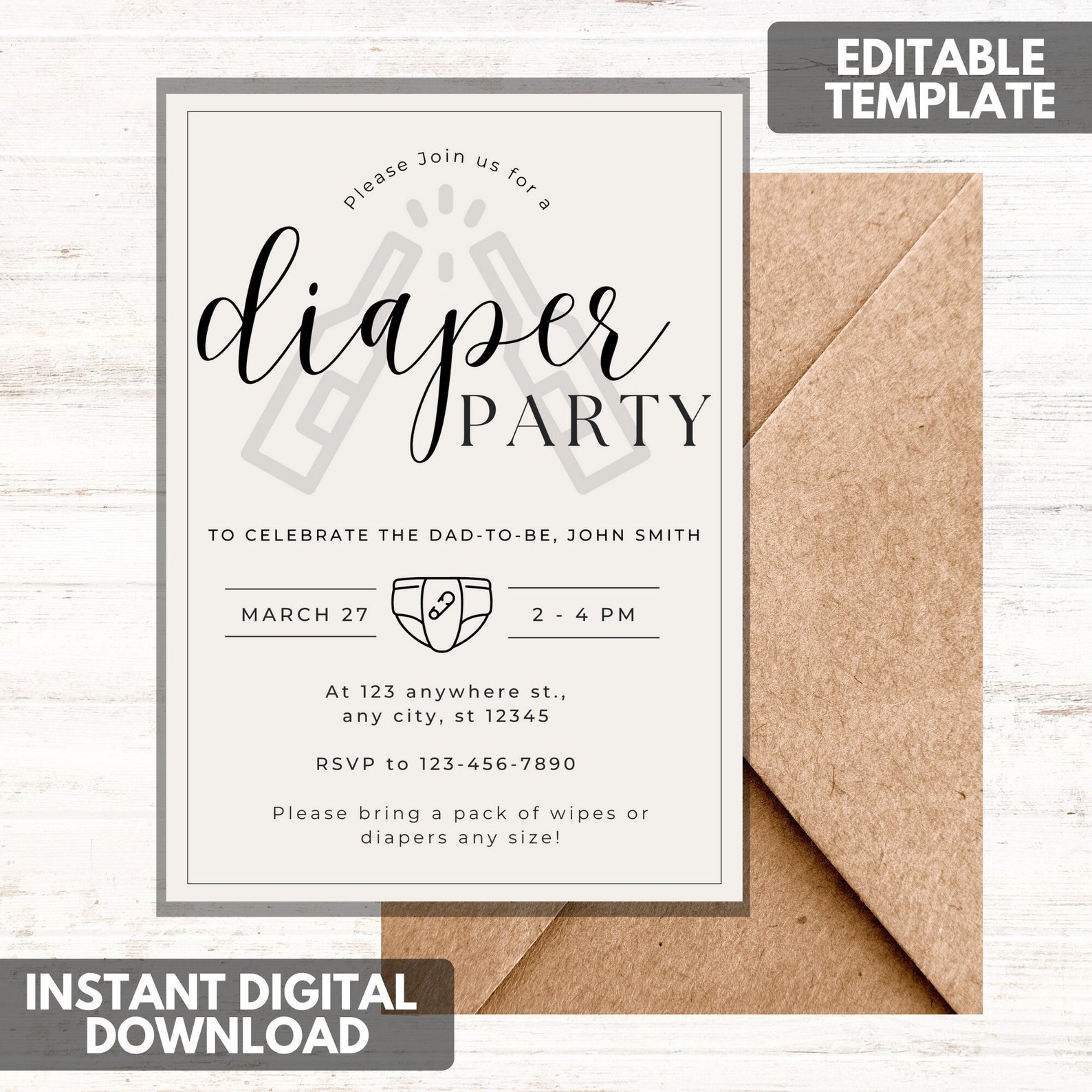 Cute Diaper Party Invite | Instant Digital Download | Editable Template ...