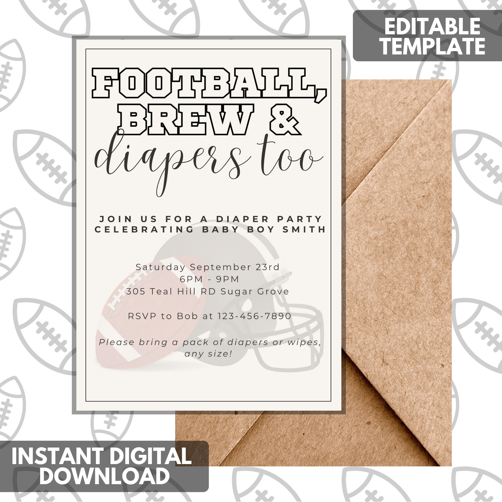 Football, Brew, and Diapers Too| Diaper Party Invite | Instant Digital ...