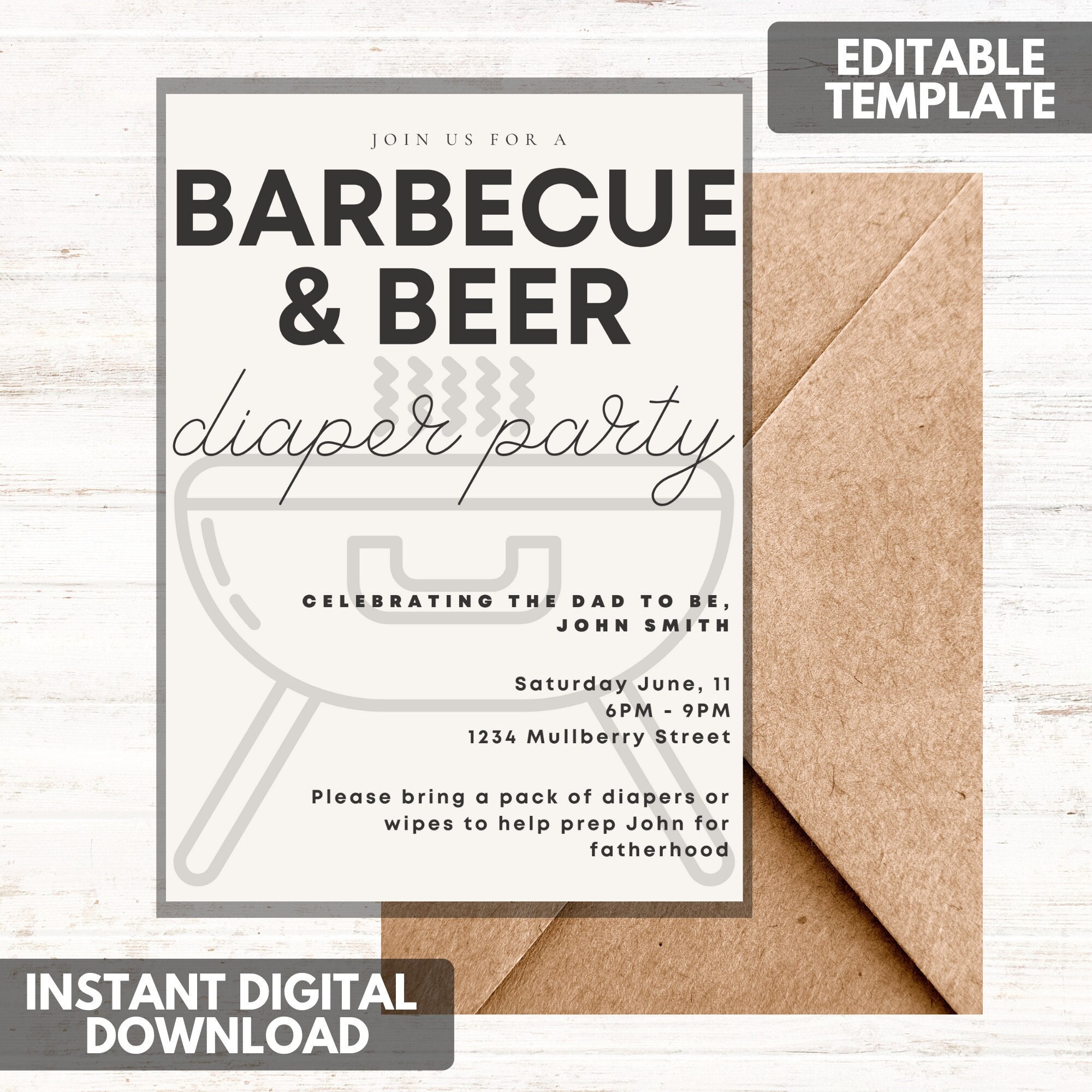 BBQ and Beer Diaper Party Invitation | Editable Template | Instant ...