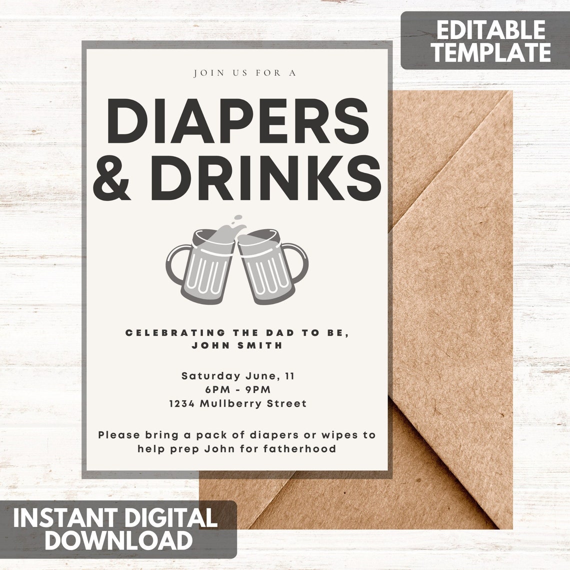 Diapers and Drinks Diaper Party Invitation | Editable Invite Template ...