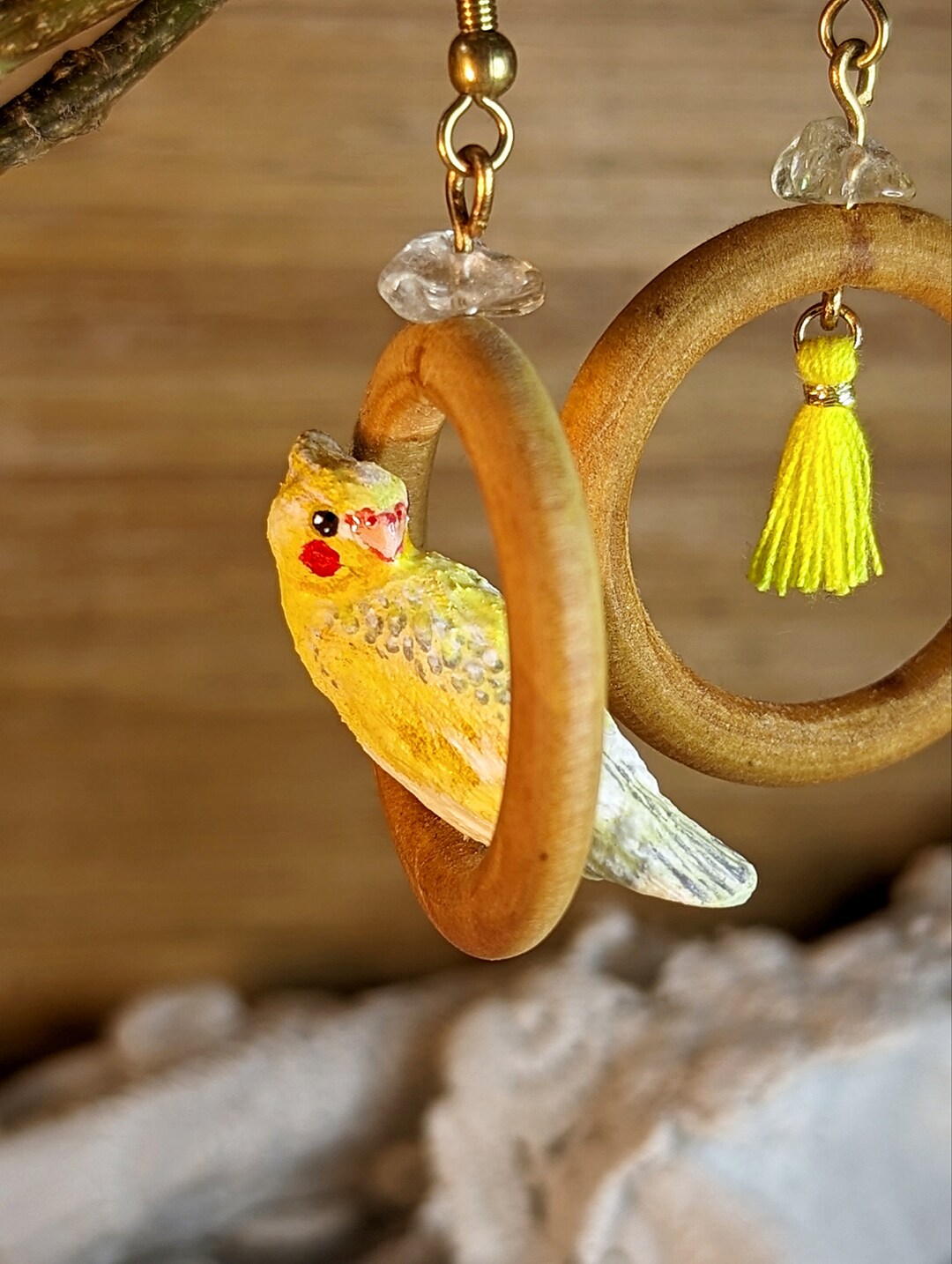 Cockatiel Earrings - Asymmetrical Hand Painted Sculpted Wood, Citrine ...