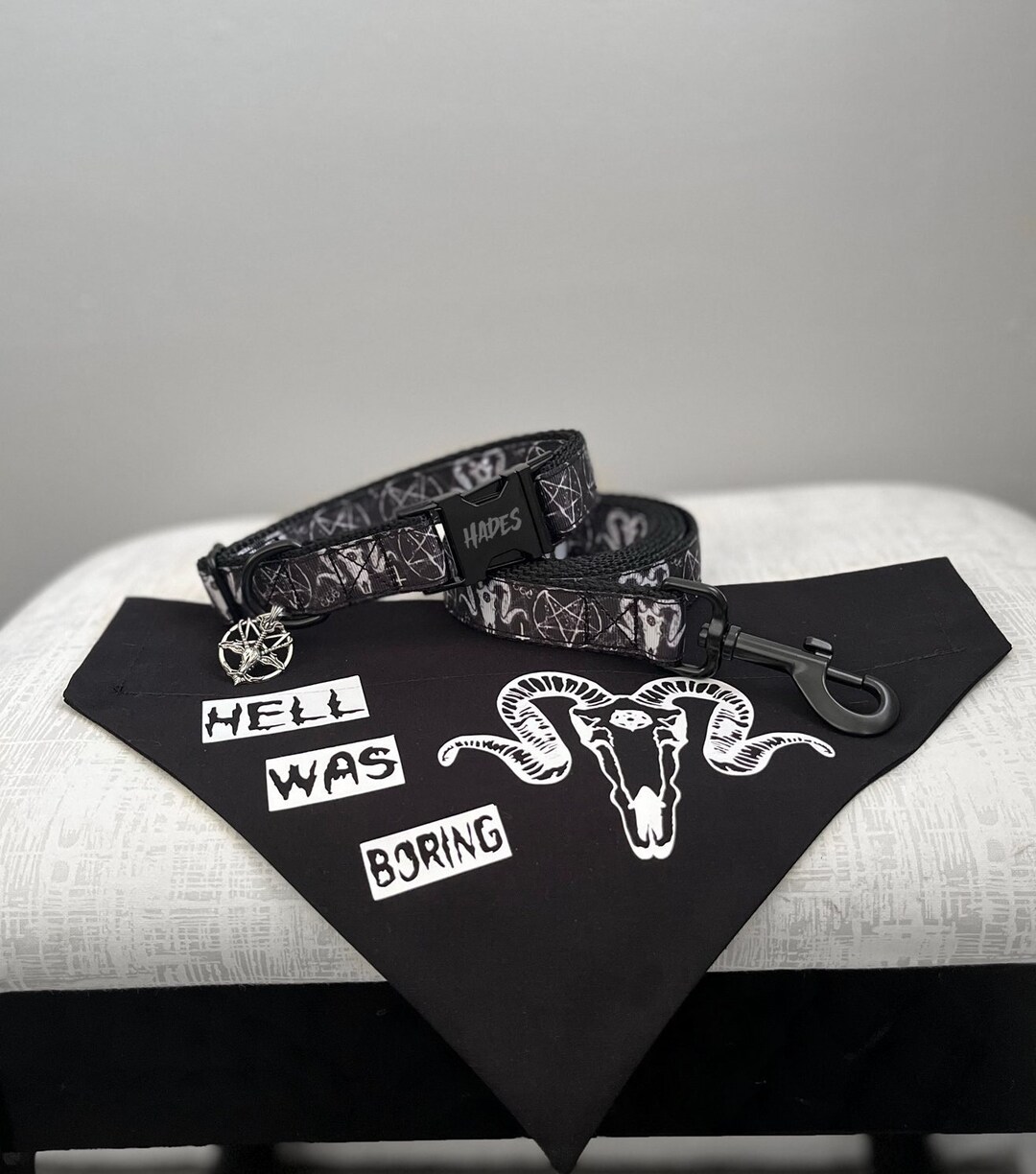 SINISTER SET Devil Dog Collar and Leash Set Satanic 3 Piece Collar Set ...