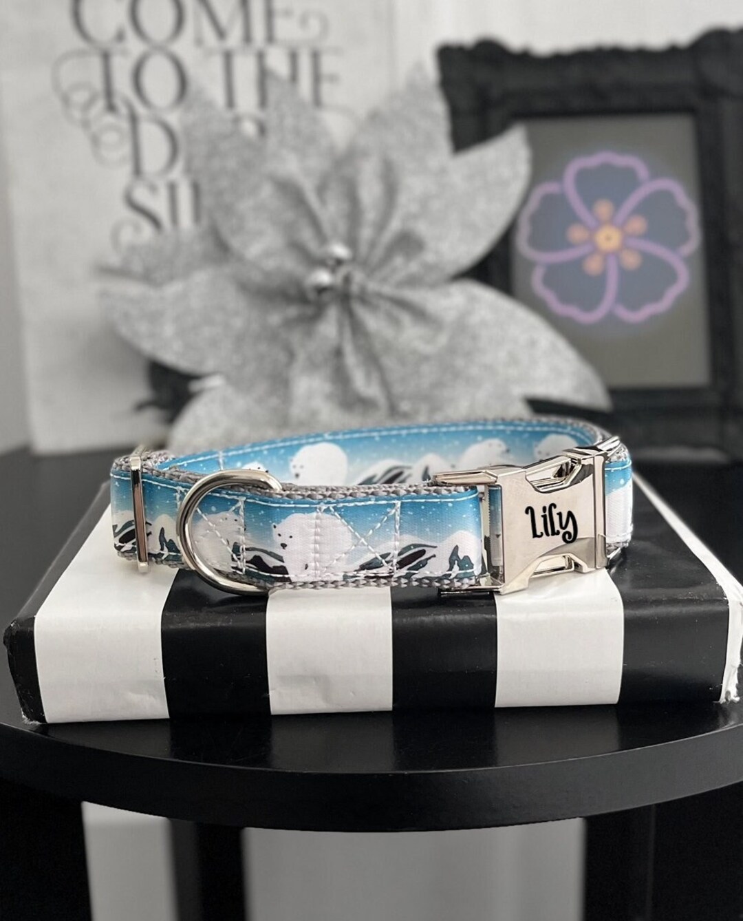 ARCTIC Winter Polar Bear Dog Collar Snowy Mountains Dog Collar 3/8 5/8 ...