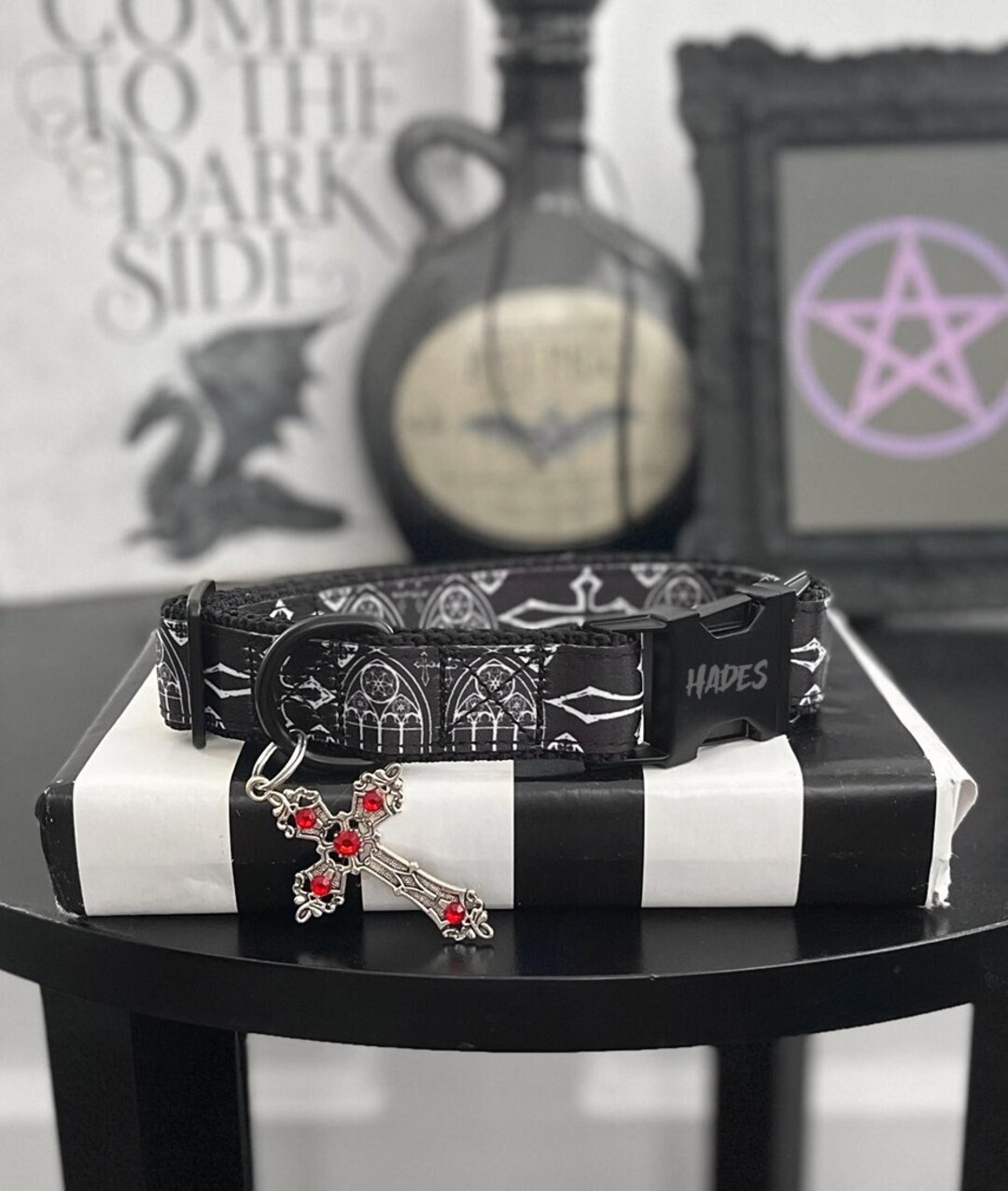 COVEN - Gothic Cross and Cathedral Window Dog Collar - 3/8" 5/8" 1" or ...