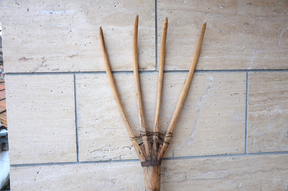 19th Century Bulgarian Hay Fork on Custom Wall Mount, Antique Primitive ...