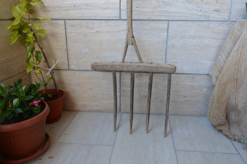 Vintage Primitive 18th Century Large Wooden Hay Fork, Garden Decor ...