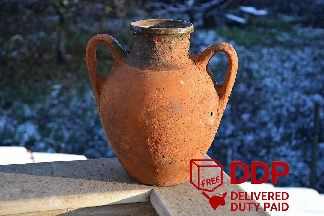 Antique Primitive Earthenware Jug With Handles, Rustic Handmade Clay ...