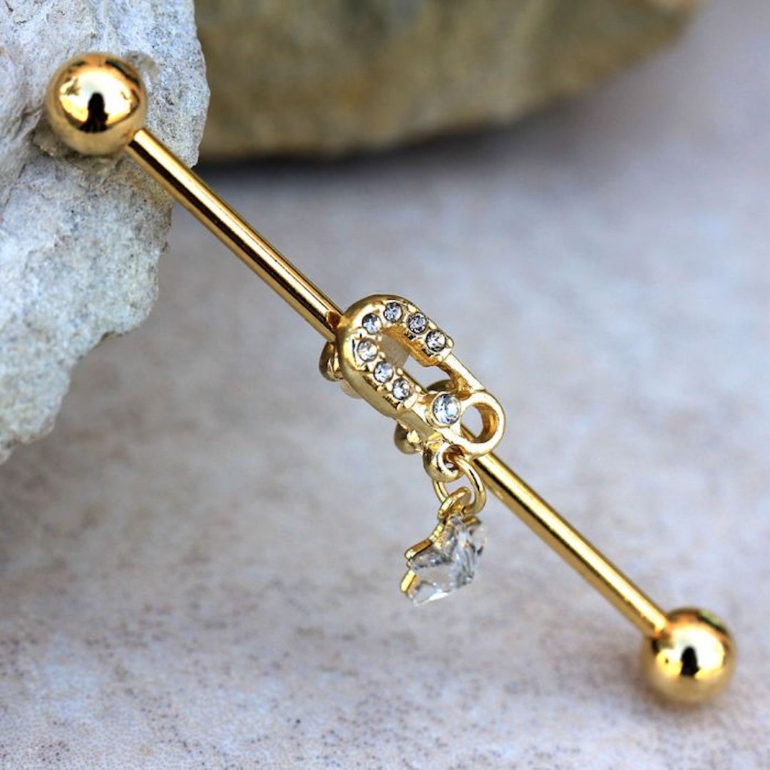 Gold Plated Jeweled Safety Pin and Star Industrial Barbell - Etsy