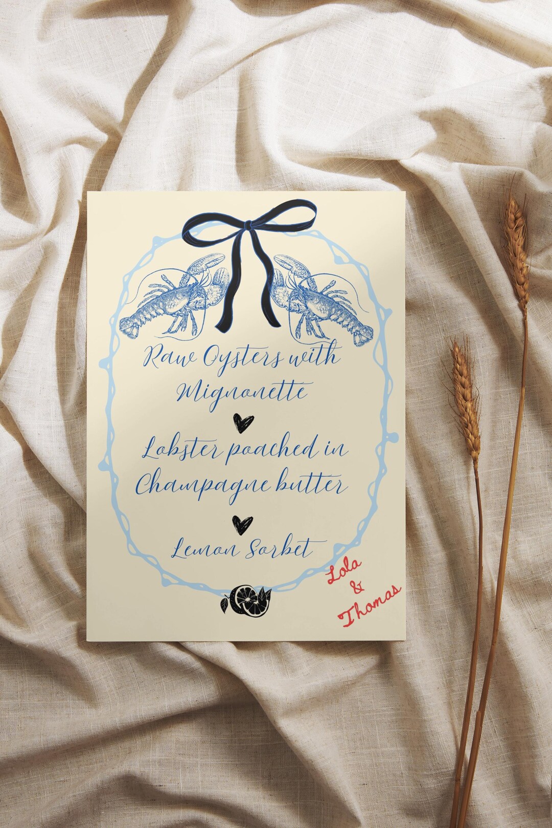Blue Lobster Seafood Menu Card in Minimalist Elegant Classy Bow Design ...
