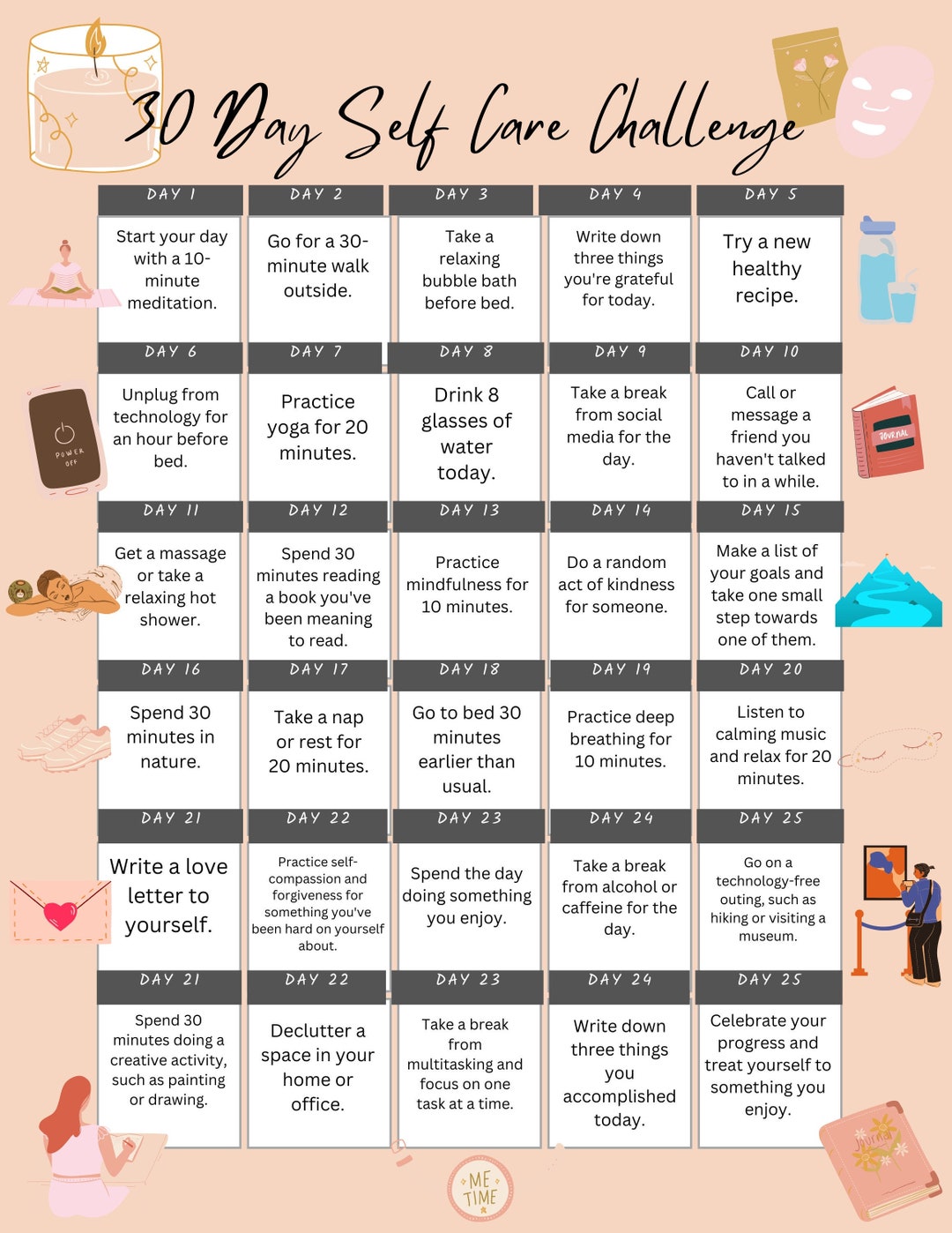 30 Day Self Care Challenge Printable Etsy