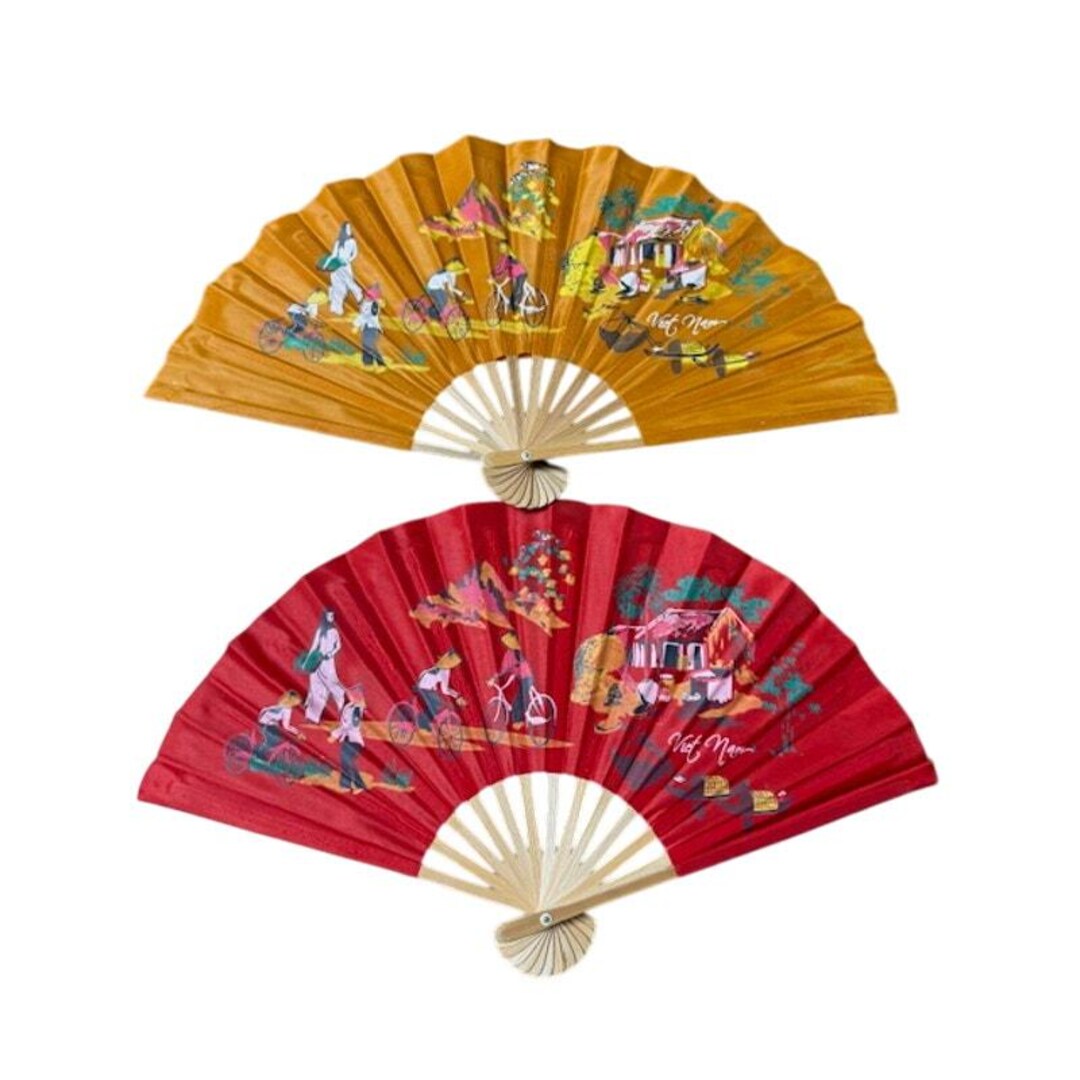 2 Large Folding Fan 11" Bamboo Fabric Hand Fans W/ Vietnam Red Yellow ...