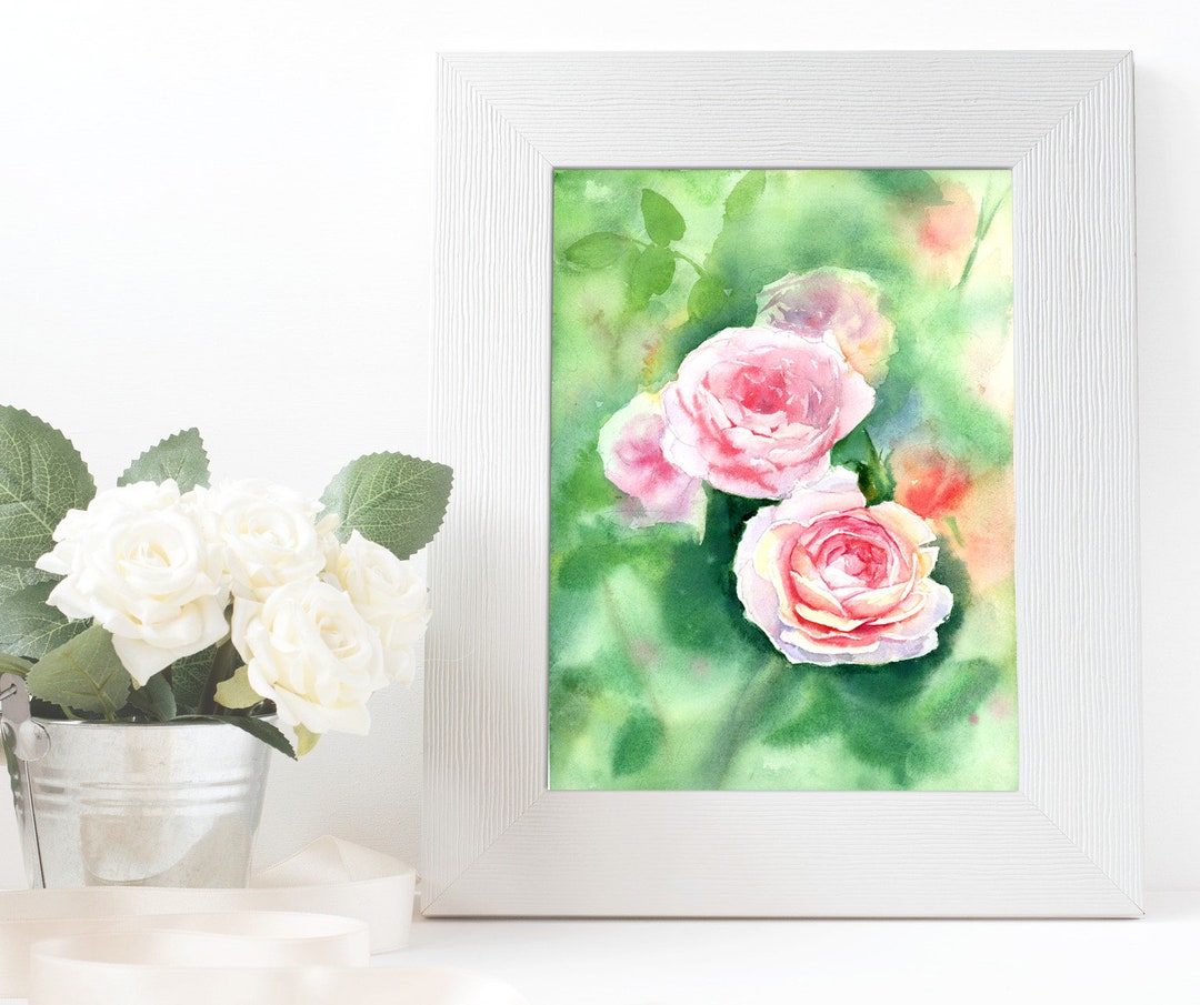 Pink Roses Watercolor Print, Austin Roses, Rose Garden Watercolor ...