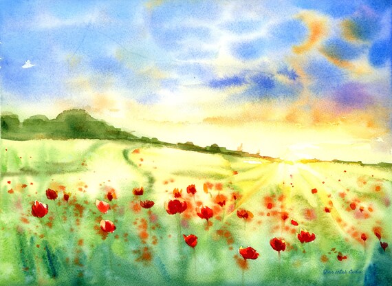 Watercolor Flower Landscape Print Floral Wall Art Watercolor - Etsy