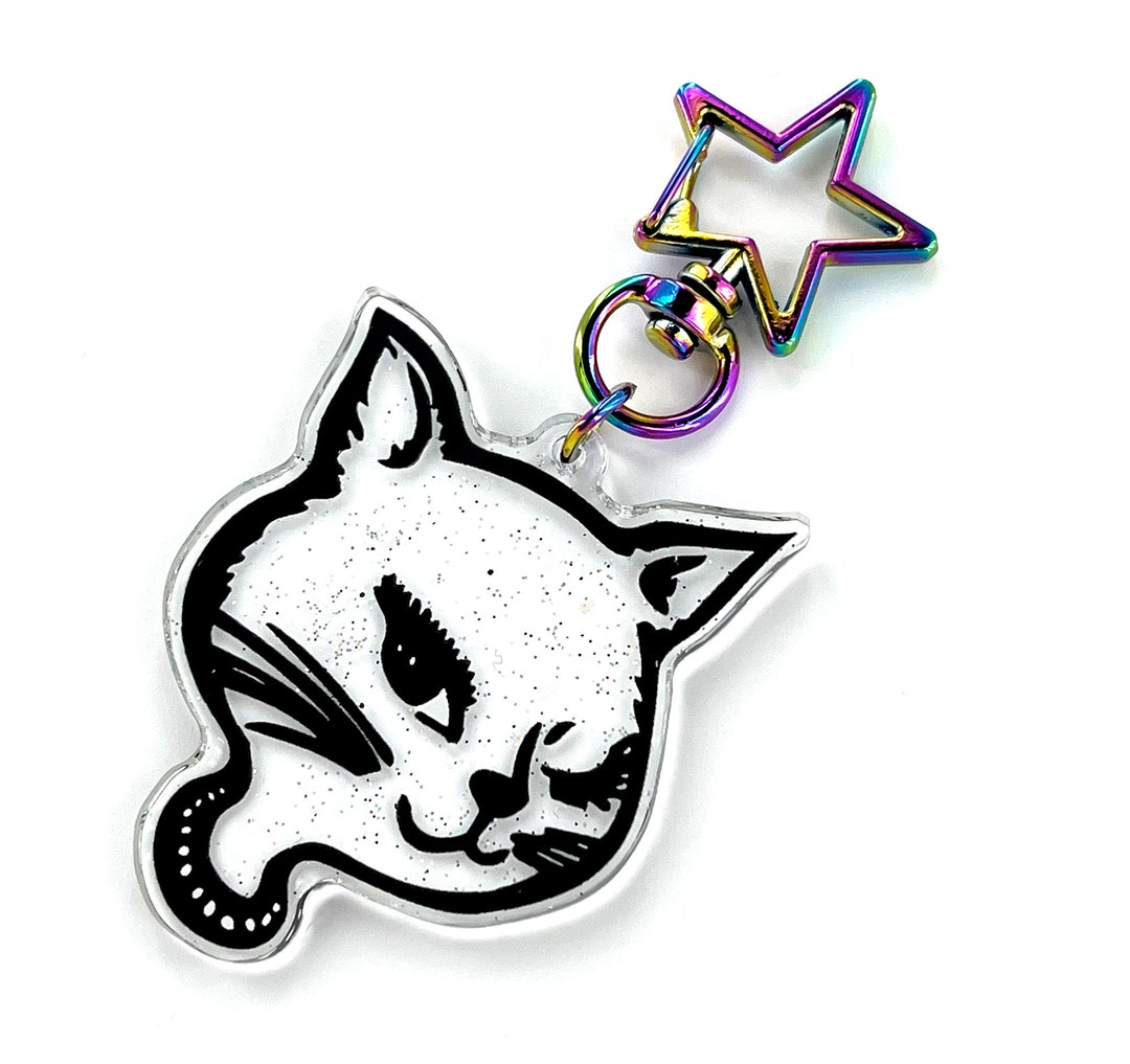 90's Winking Cat Glitter Keychain - Vending Machine Winking Cat Sticker ...