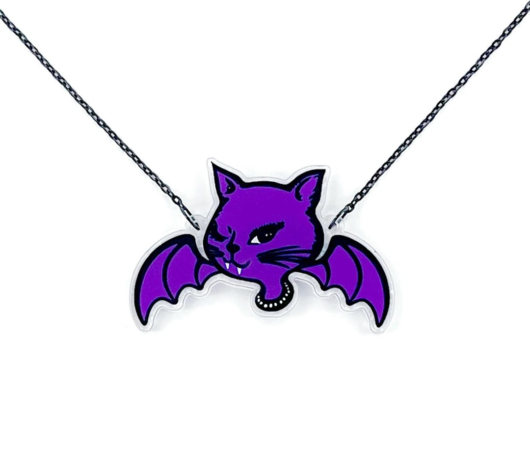 Retro 90s Winking Cat Bat Halloween Necklace - Purple Kitty Cat Bat ...