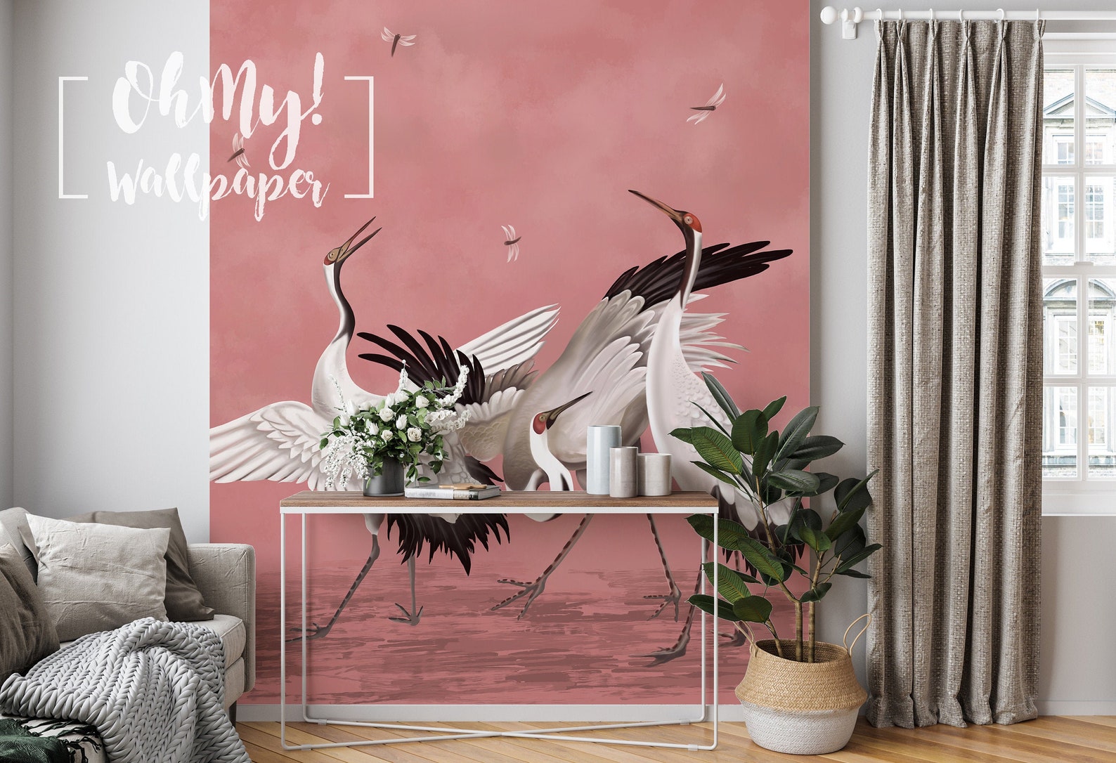 Cranes Wallpaper, Pink Bird Wall Mural, Wall Mural - Etsy