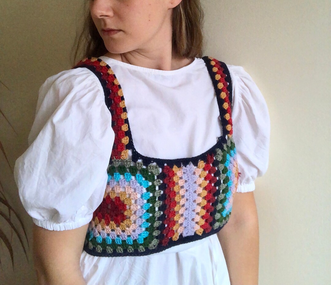 Top Vest Crochet, Granny Square Top, Colorful Crochet Top, Retro Vest ...