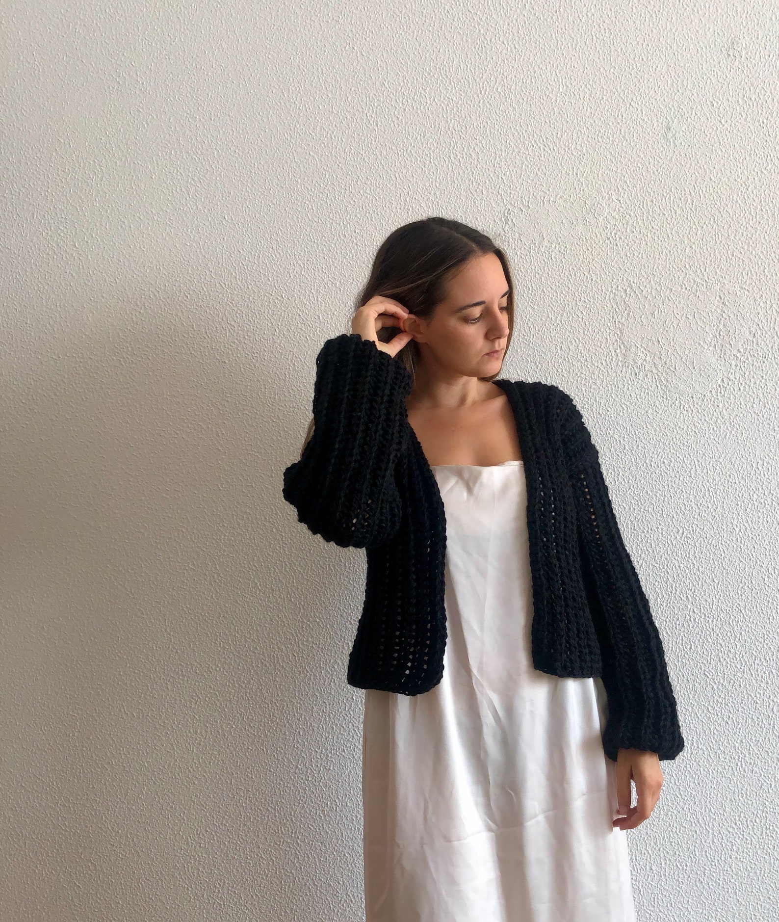 Black Chunky Cardigan, Bomber Jacket, Cable Knit Cardigan, Balloon ...